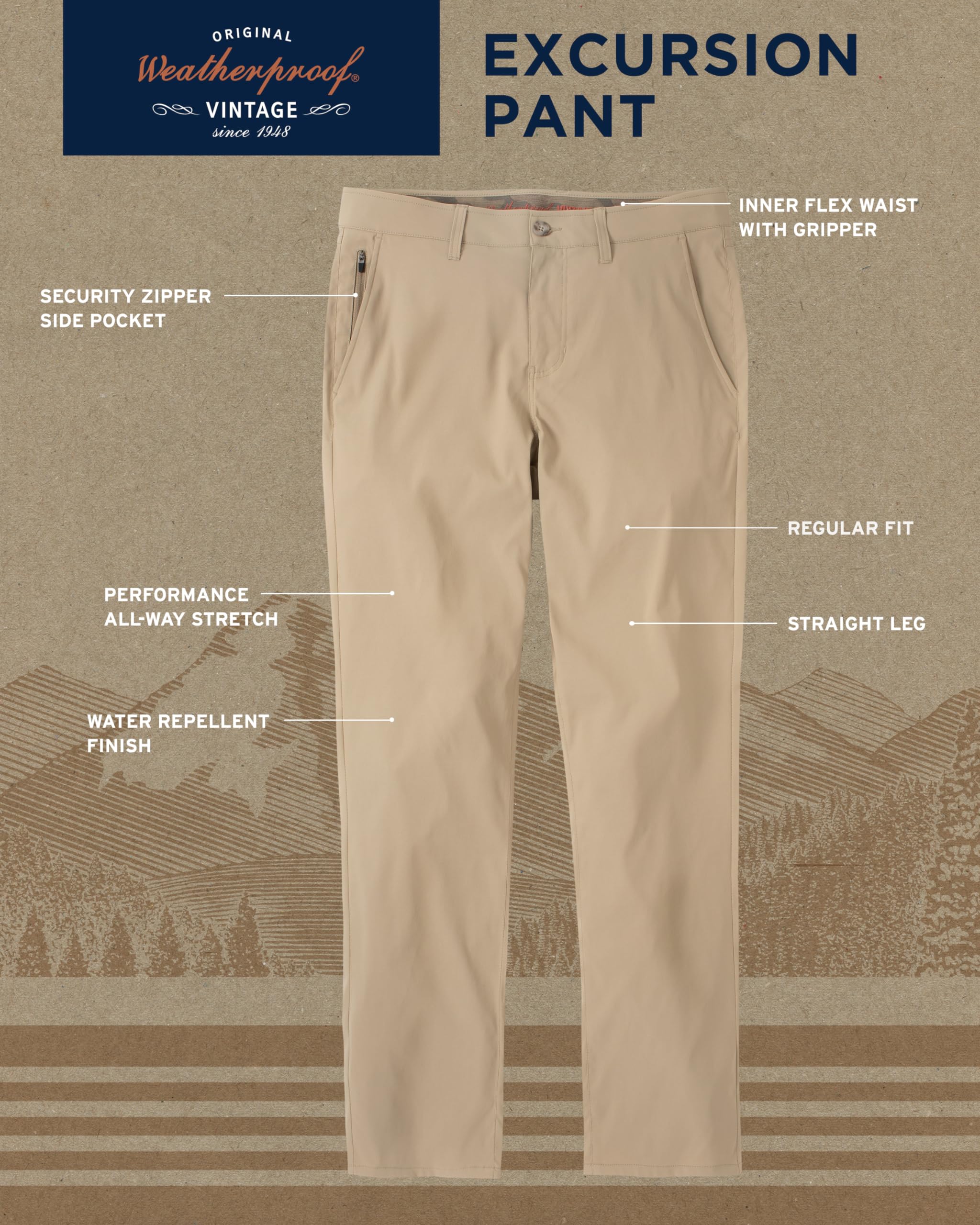 Weatherproof Vintage Men's Regular Fit Excursion Pants - Ultra Stretch Casual Flat Front Chino, Size 34W x 32L, Sand