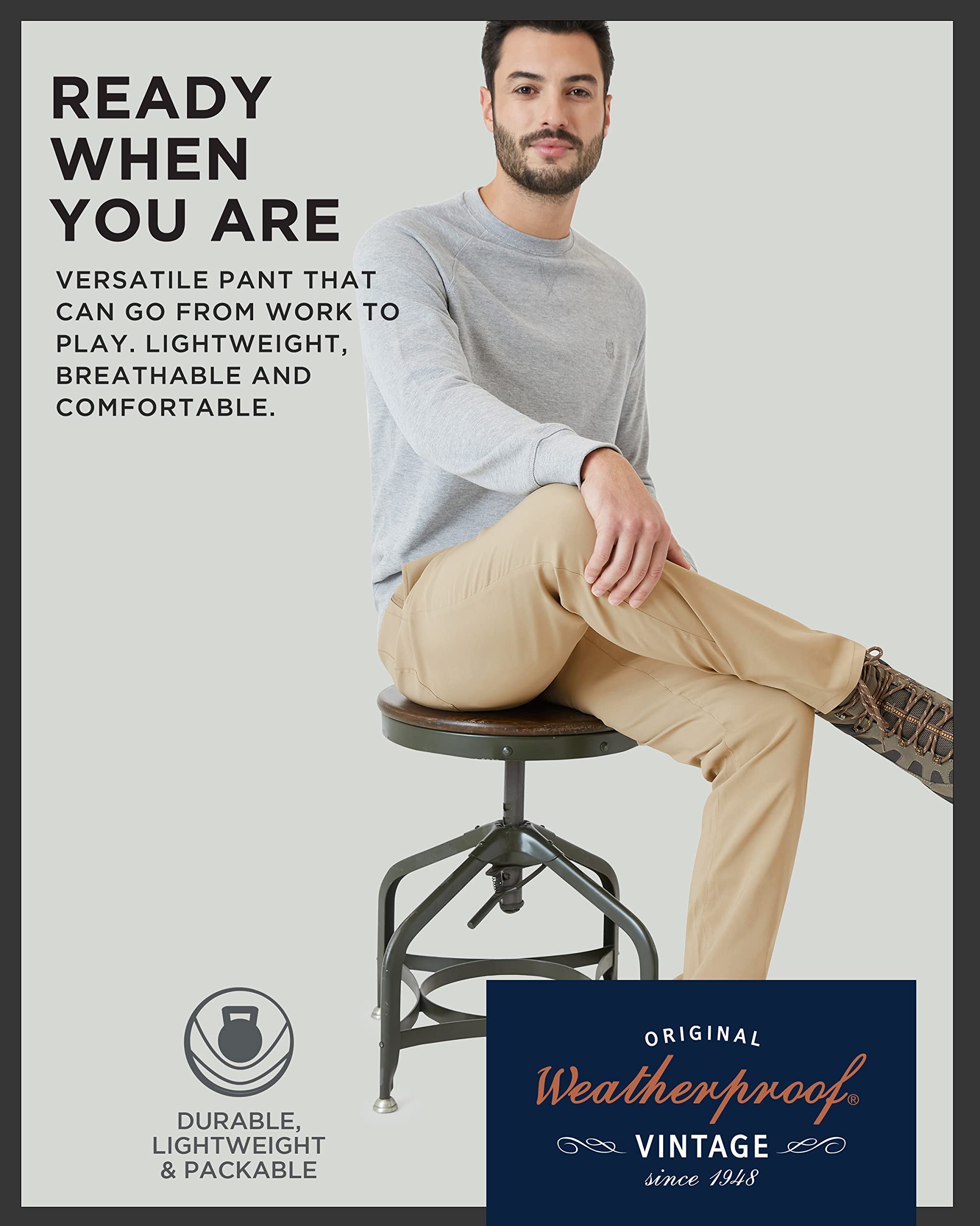 Weatherproof Vintage Men's Regular Fit Excursion Pants - Ultra Stretch Casual Flat Front Chino, Size 34W x 32L, Sand