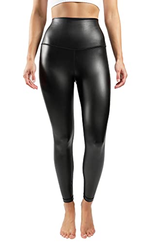 90 Degree By Reflex High Waist High Shine Faux Leather Fleece Lined Super High Waist Elastic Free Ankle Leggings - Black - Small