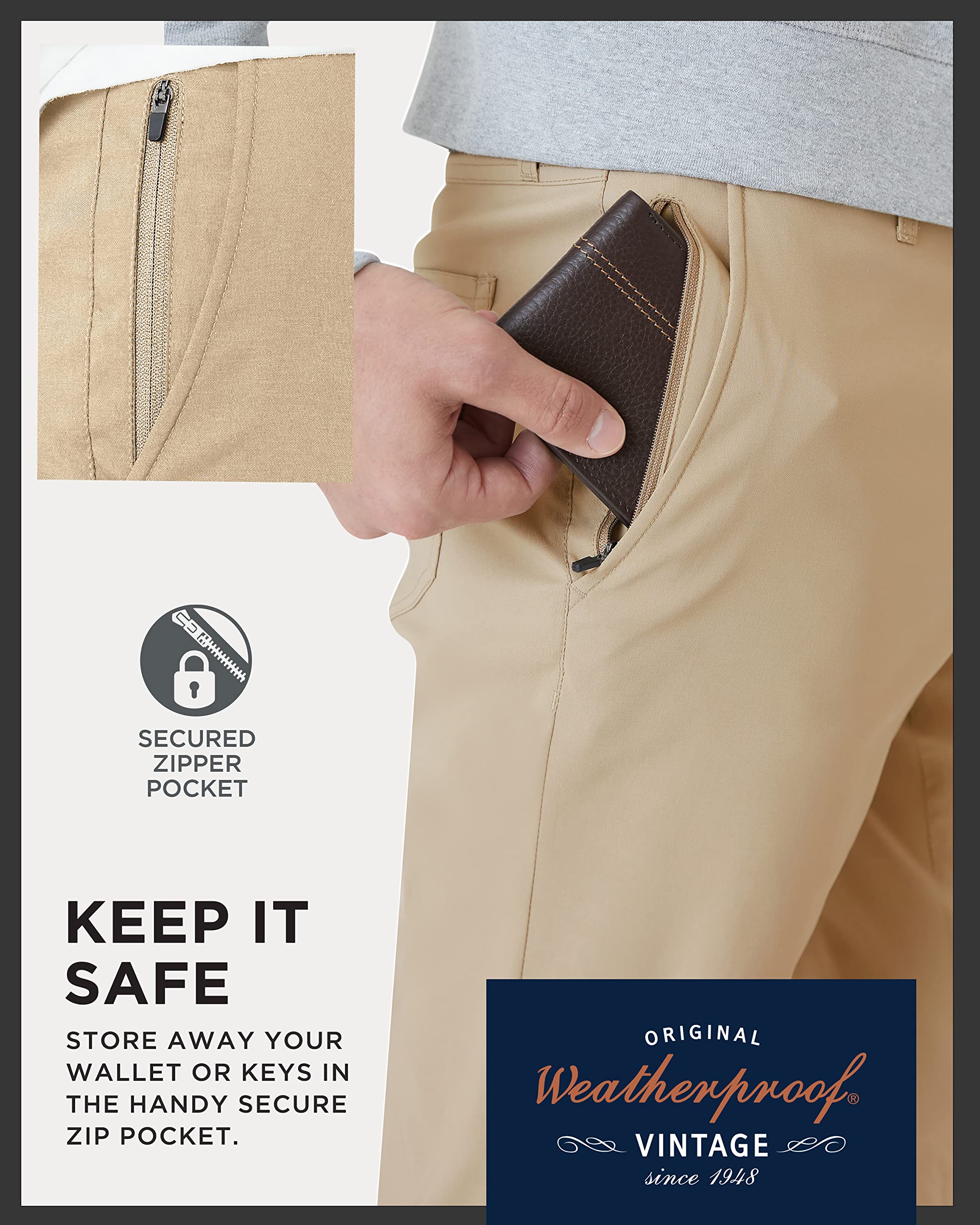 Weatherproof Vintage Men's Regular Fit Excursion Pants - Ultra Stretch Casual Flat Front Chino, Size 34W x 32L, Sand