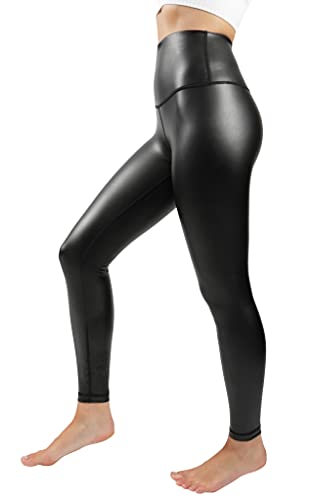 90 Degree By Reflex High Waist High Shine Faux Leather Fleece Lined Super High Waist Elastic Free Ankle Leggings - Black - Small
