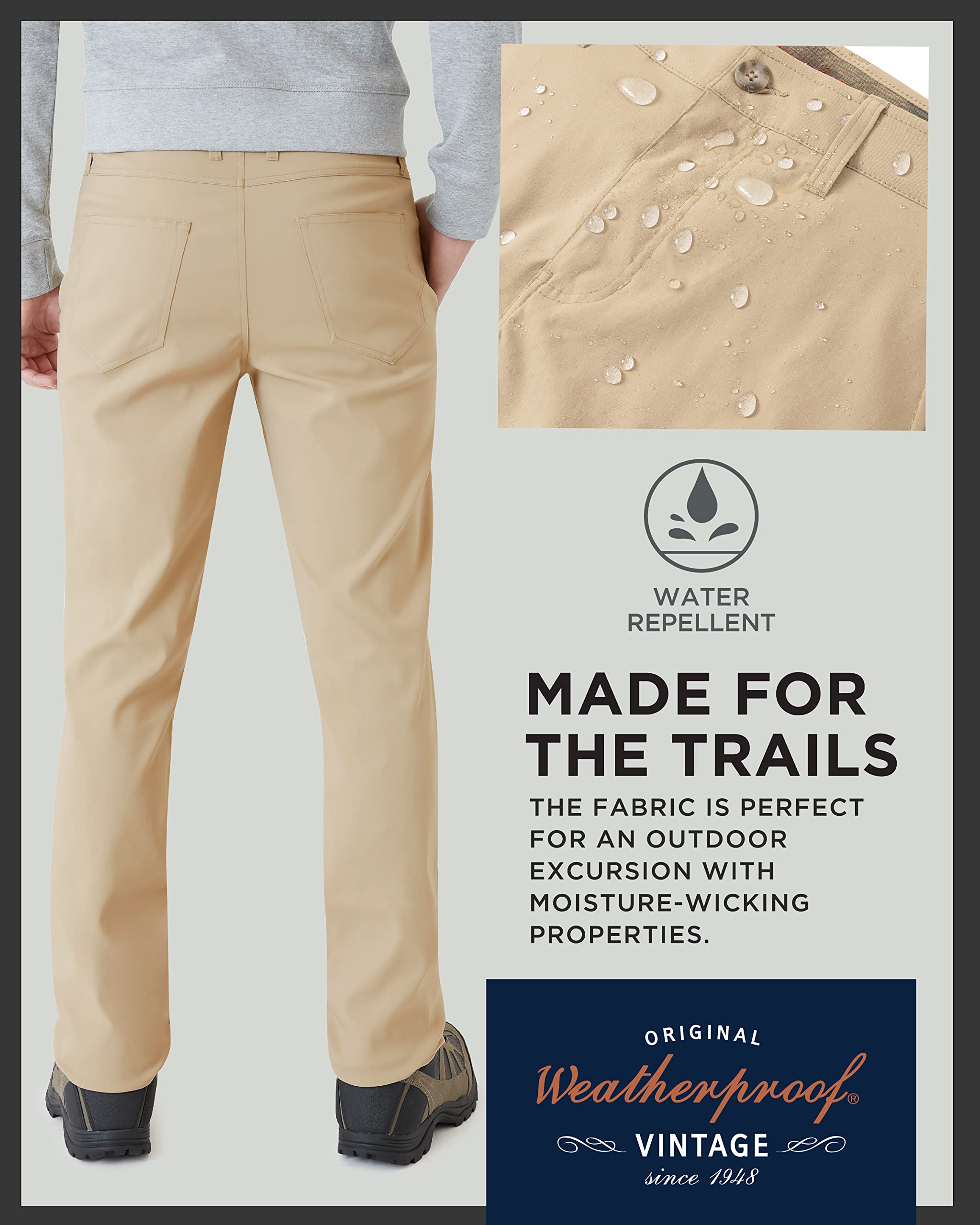 Weatherproof Vintage Men's Regular Fit Excursion Pants - Ultra Stretch Casual Flat Front Chino, Size 34W x 32L, Sand