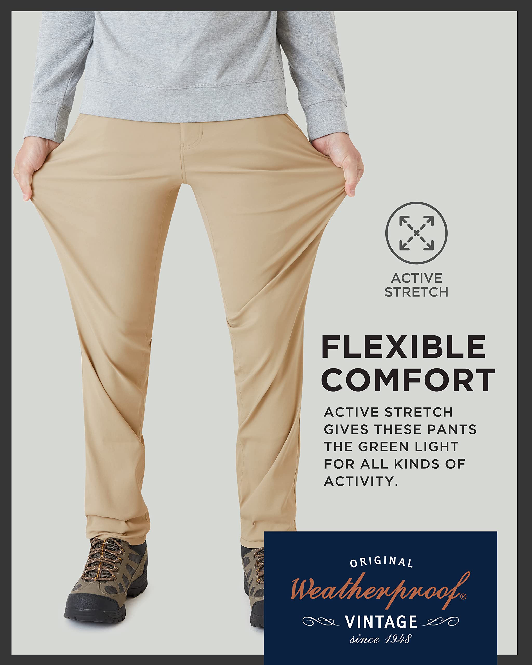 Weatherproof Vintage Men's Regular Fit Excursion Pants - Ultra Stretch Casual Flat Front Chino, Size 34W x 32L, Sand