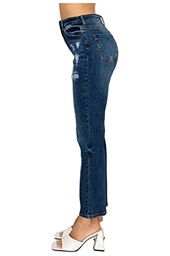 Love Moda Women's High Waist Slim Straight Denim Jeans with Spandex, Dark Blue