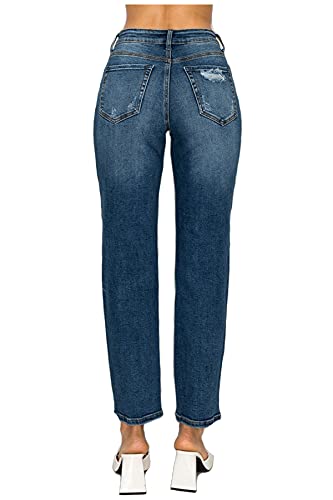 Love Moda Women's High Waist Slim Straight Denim Jeans with Spandex, Dark Blue