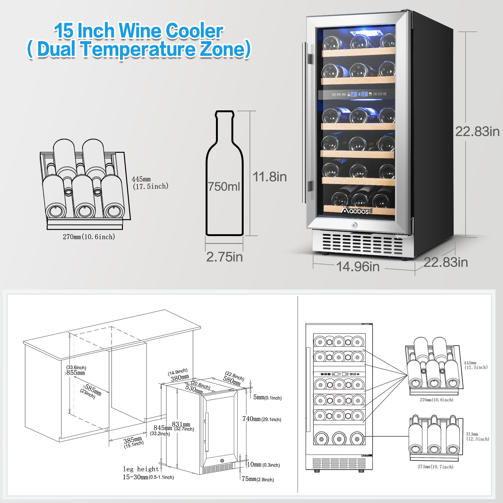 AAOBOSI Wine Refrigerator 24 Bottles, GhostWhite 17 inch