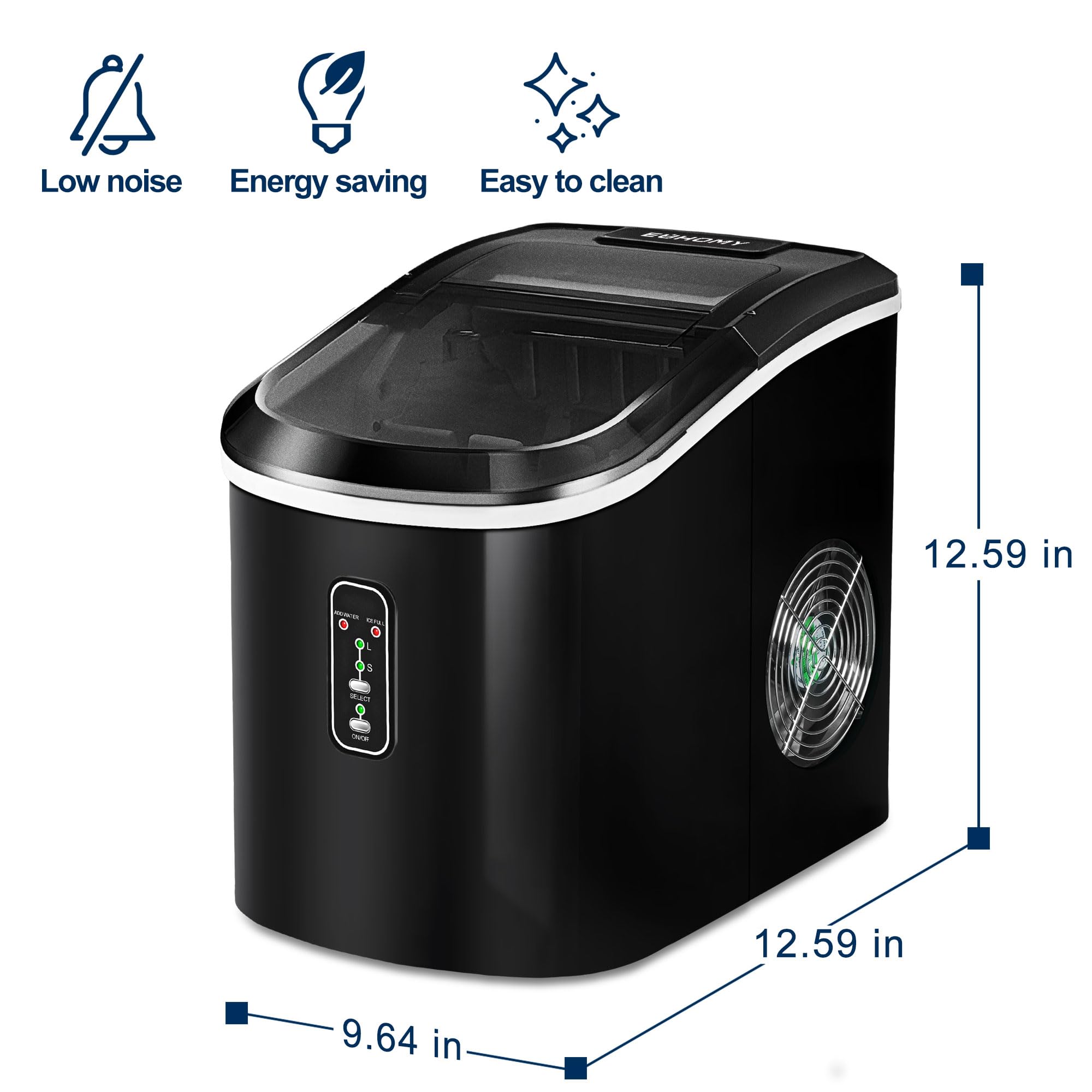 Euhomy Ice Maker Machine Countertop, 26 lbs in 24 Hours, 9 Cubes Ready in 6 Mins, Self-Clean Electric Ice Maker Compact Potable Ice Maker with Ice Scoop and Basket. for Home/Kitchen/Office.(Black)