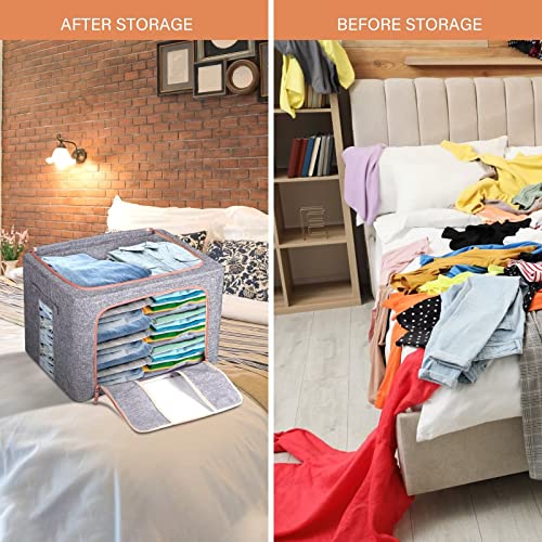 Tasmegol Foldable Clothes Storage Bins Stackable Steel Frame Closet Containers Organizer Bags Linen Cloth Clothing Box for Sweater Bedding Blanket（Grey 3 Pack 66L）