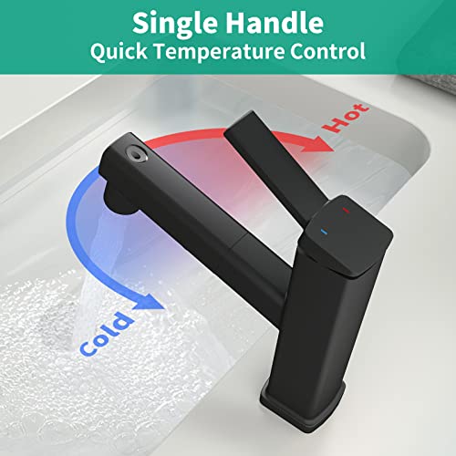 HEROBAI Single Hole Bathroom Faucet, Single Handle Modern Pull Out Bathroom Sink Faucet with 3 Water Flow Modes, Fountain Bathroom Faucets with Sprayer (Black, Regular)
