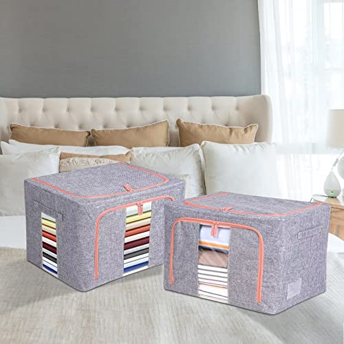 Tasmegol Foldable Clothes Storage Bins Stackable Steel Frame Closet Containers Organizer Bags Linen Cloth Clothing Box for Sweater Bedding Blanket（Grey 3 Pack 66L）