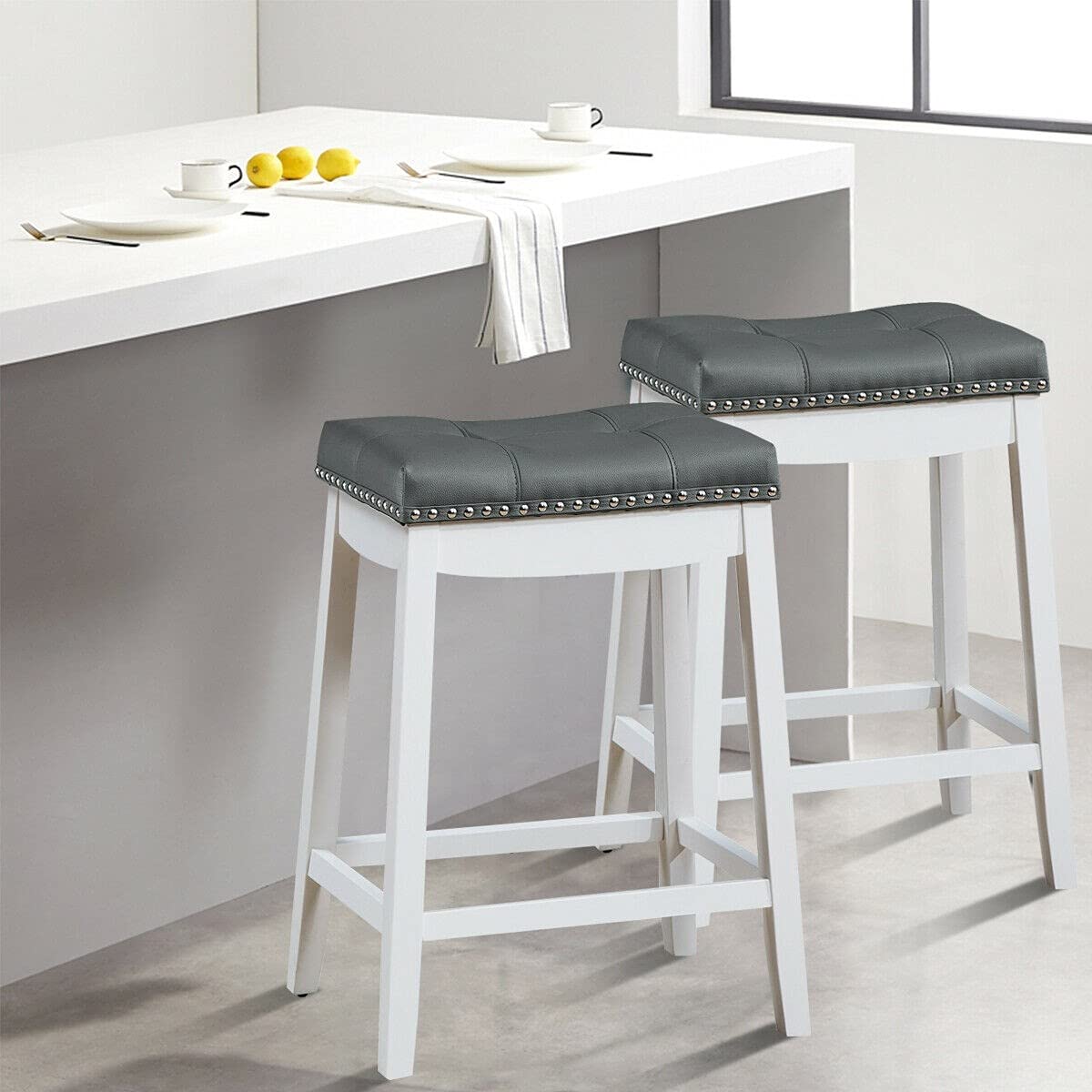 ERGOMASTER Bar Stools Set of 2-24 Inch Counter Stools Height Solid Wood Legs Espresso with Gray PU Cushion for Kitchen Living Room and Bar - White Legs