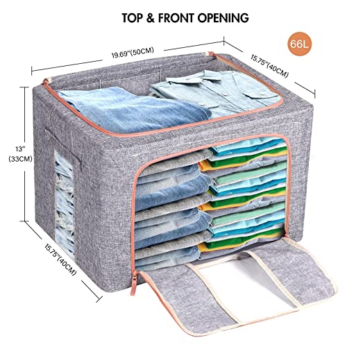 Tasmegol Foldable Clothes Storage Bins Stackable Steel Frame Closet Containers Organizer Bags Linen Cloth Clothing Box for Sweater Bedding Blanket（Grey 3 Pack 66L）