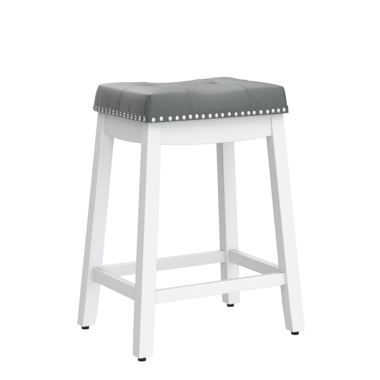 ERGOMASTER Bar Stools Set of 2-24 Inch Counter Stools Height Solid Wood Legs Espresso with Gray PU Cushion for Kitchen Living Room and Bar - White Legs
