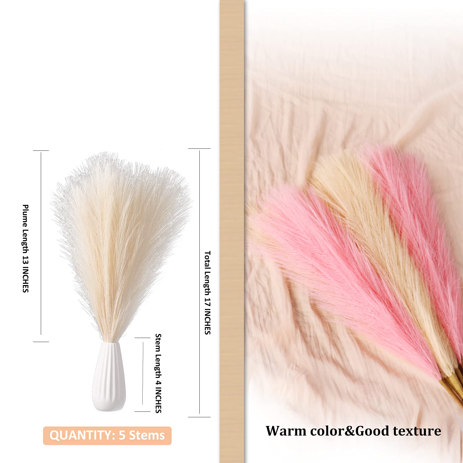 EVODIS Faux Pampas Grass, 18"/45cm Artificial Pampas Grass Fluffy 6 Stem pompous Grass Flower Arrangement for Boho Home Wedding Decoration (Pink)
