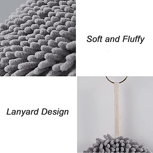 Sawyst 4 Pack Chenille Hanging Hand Towel Ball Soft Absorbent Microfiber Hand Towels Plush Quick-Drying Hanging Hand Towel Ball with Hanging Loops for Bathroom Kitchen, White and Gray