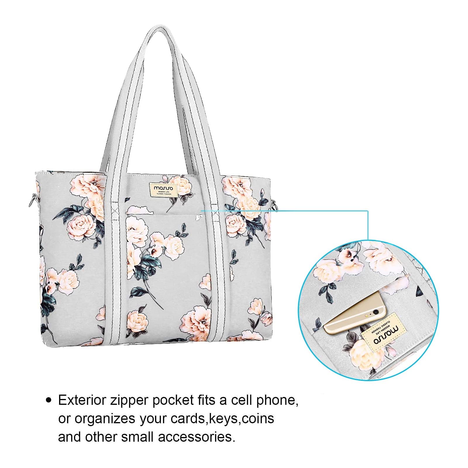 MOSISO Laptop Tote Bag for Women (17-17.3 inch), Canvas Camellia Multifunctional Work Travel Shopping Duffel Carrying Shoulder Handbag, Grey
