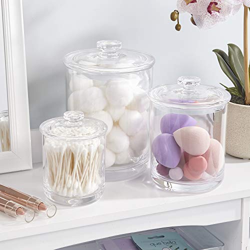 STORi 3-Pack Premium Quality Qtip and Cotton Ball Holders | 15-oz, 30-oz, and 60-oz Clear Plastic Apothecary Jars with Lids | Perfect Containers for Bathroom and Vanity | Set of 3