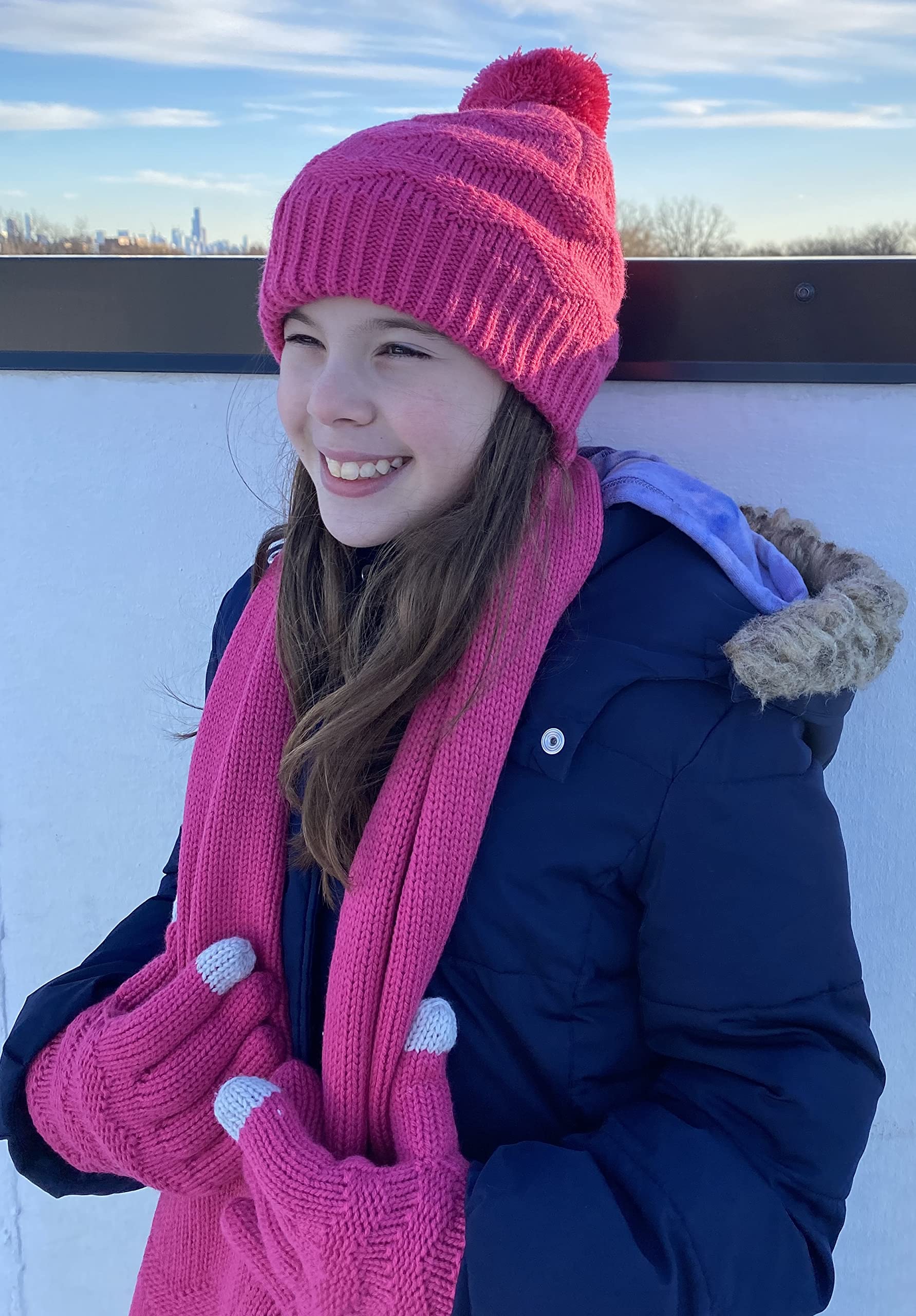 N'Ice Caps Girls Gloves Hat Scarf Winter Kids 3 Piece Set Cable Knit Warm Sherpa Lined (Fuchsia 1, 9-13 Years)
