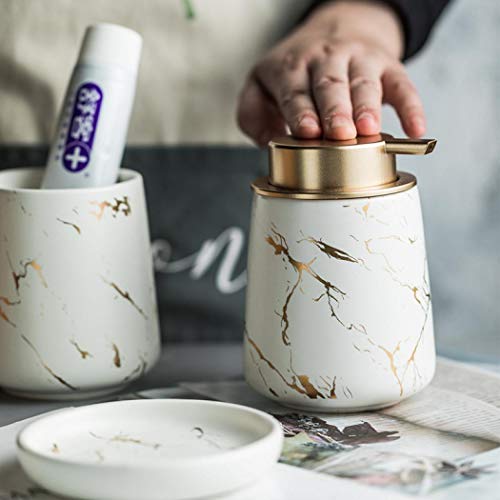 Bathroom Accessories Set Complete, 3 or 4 Ceramic Marble Pattern Bathroom Sets Accessories Bath Accessories Set with Soap Dispenser, Toothbrush Holder, Tumbler, Soap Dish (Matte White（Four Piece）)