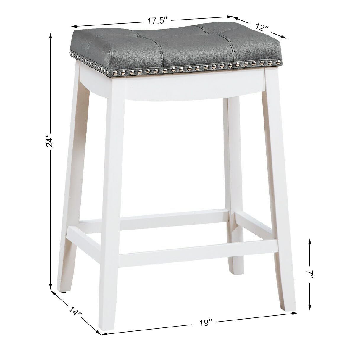 ERGOMASTER Bar Stools Set of 2-24 Inch Counter Stools Height Solid Wood Legs Espresso with Gray PU Cushion for Kitchen Living Room and Bar - White Legs