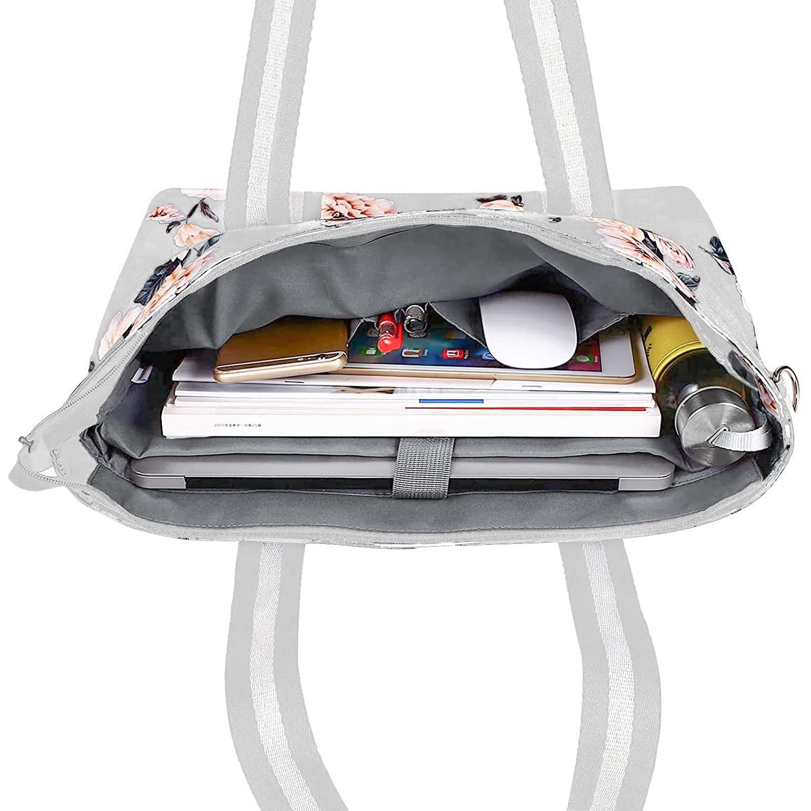MOSISO Laptop Tote Bag for Women (17-17.3 inch), Canvas Camellia Multifunctional Work Travel Shopping Duffel Carrying Shoulder Handbag, Grey