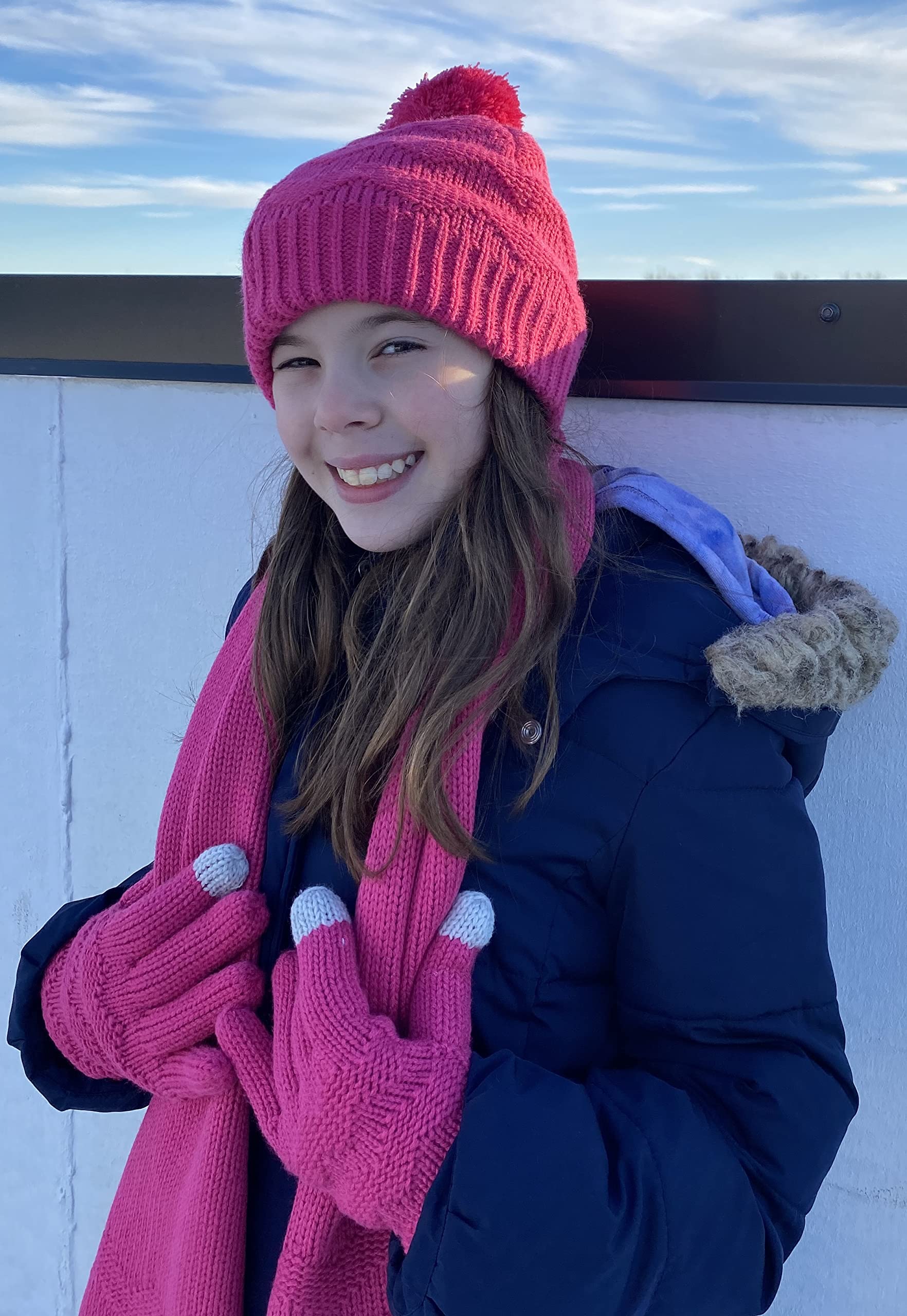 N'Ice Caps Girls Gloves Hat Scarf Winter Kids 3 Piece Set Cable Knit Warm Sherpa Lined (Fuchsia 1, 9-13 Years)