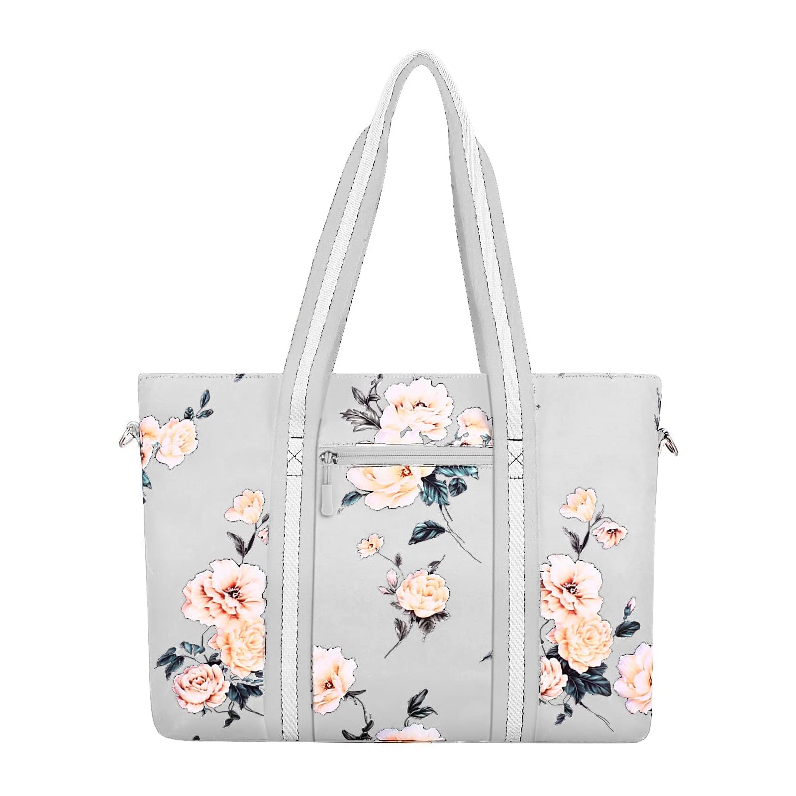 MOSISO Laptop Tote Bag for Women (17-17.3 inch), Canvas Camellia Multifunctional Work Travel Shopping Duffel Carrying Shoulder Handbag, Grey