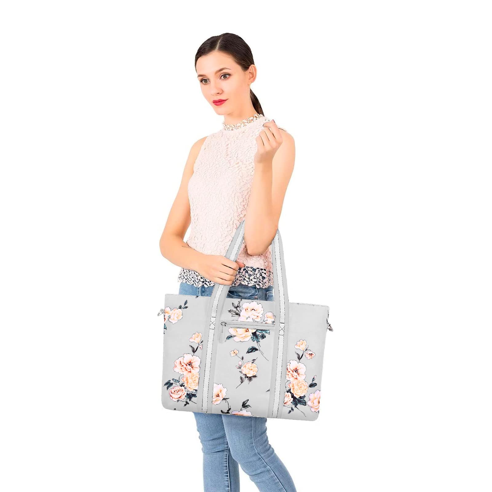 MOSISO Laptop Tote Bag for Women (17-17.3 inch), Canvas Camellia Multifunctional Work Travel Shopping Duffel Carrying Shoulder Handbag, Grey