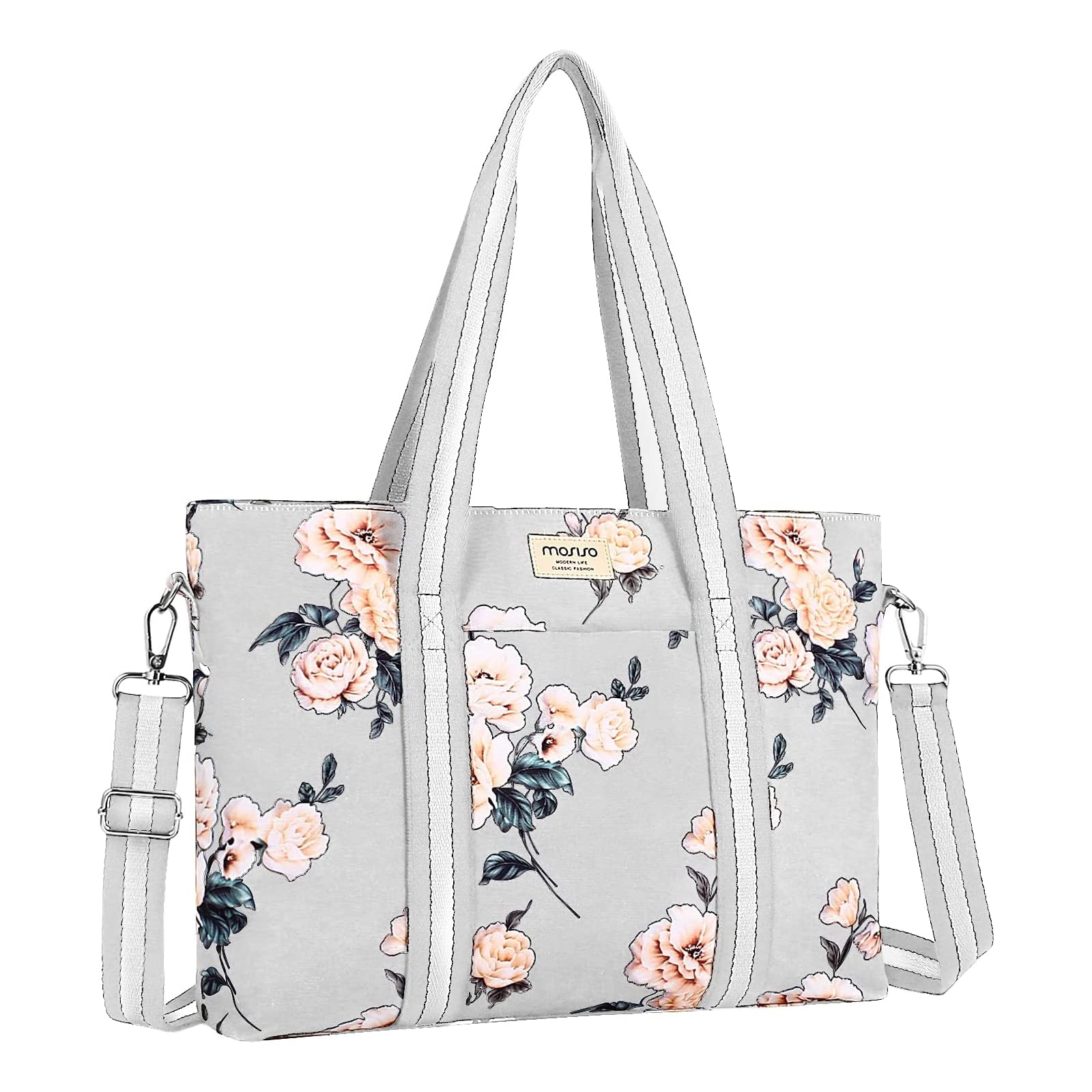 MOSISO Laptop Tote Bag for Women (17-17.3 inch), Canvas Camellia Multifunctional Work Travel Shopping Duffel Carrying Shoulder Handbag, Grey