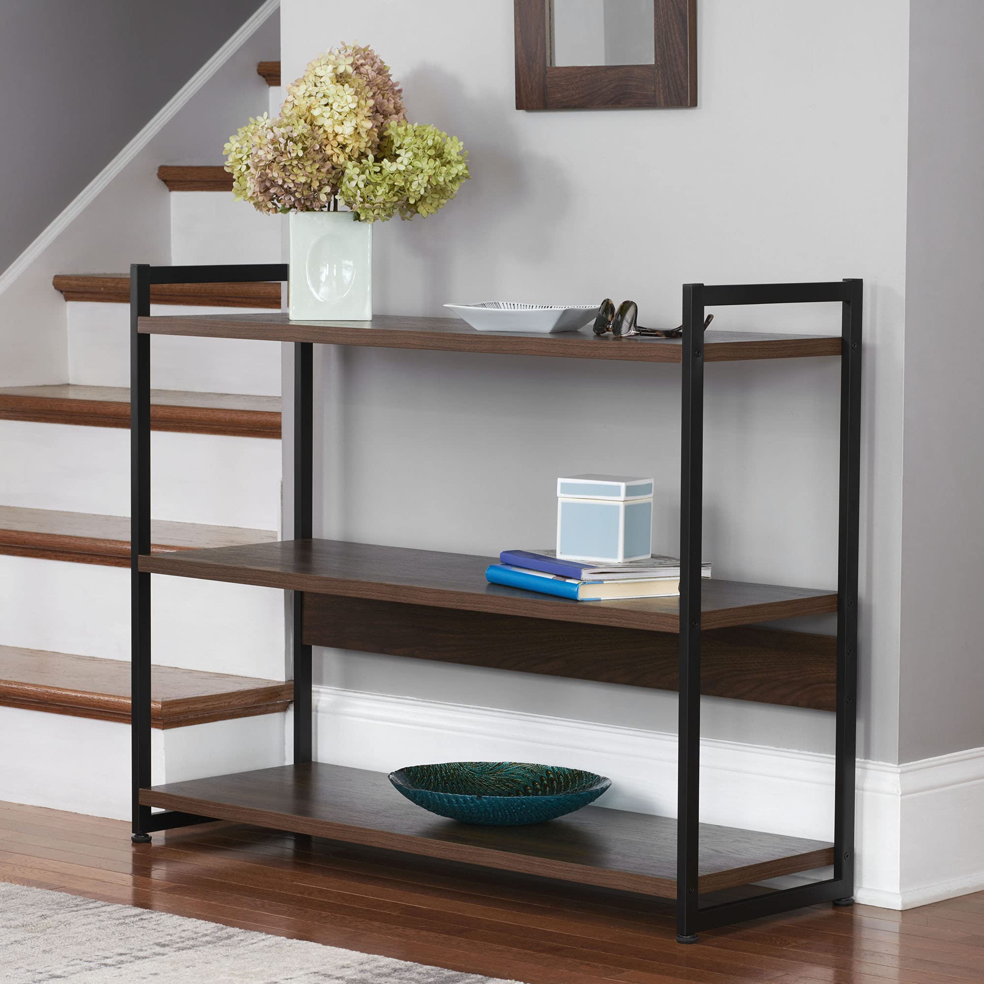 Household Essentials Mid Century Wide 3 Tier Book Shelf, Walnut Wood Finish