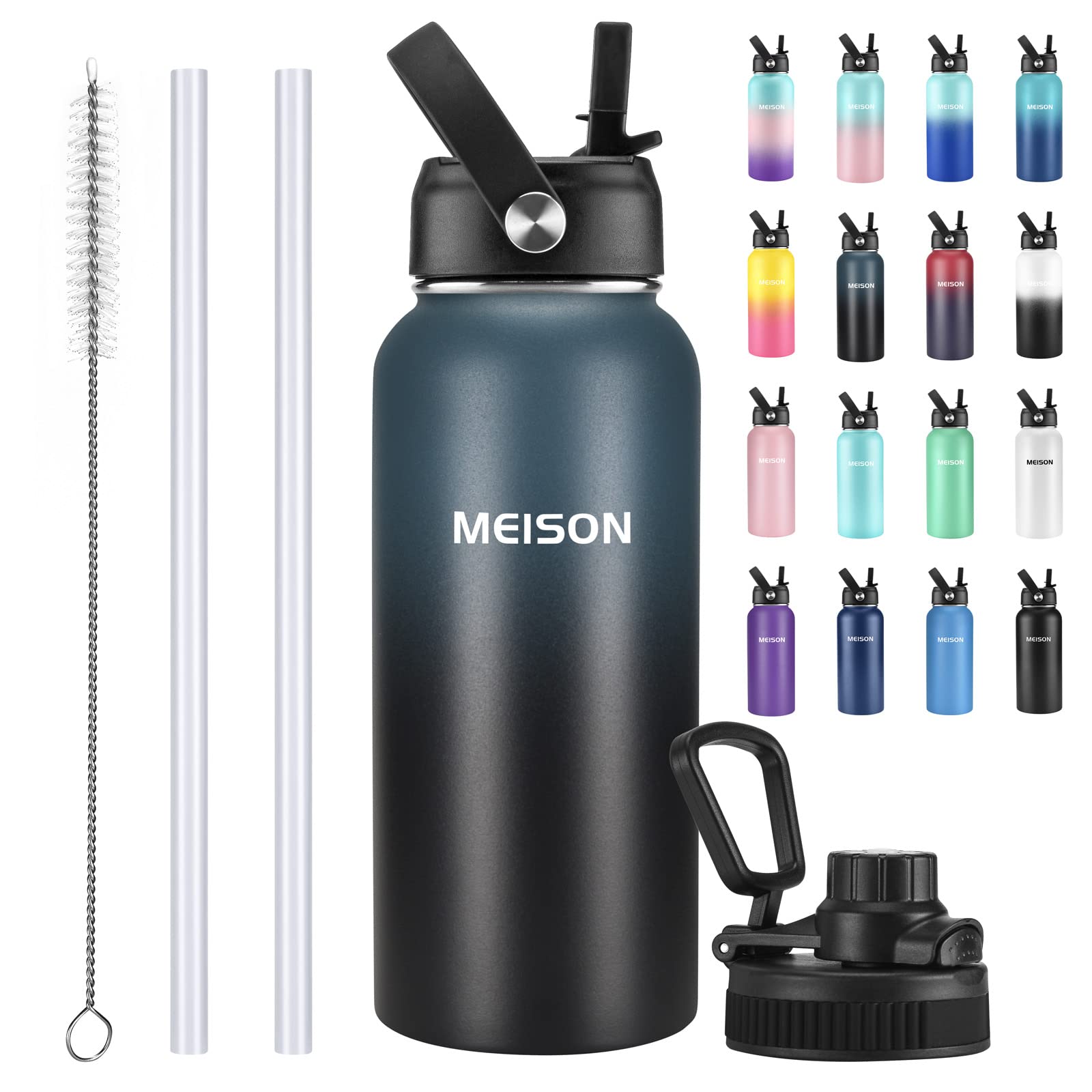 Insulated Water Bottle With Straw 32oz, Sports Water Bottle 1 Liter, Reusable Wide Mouth Vacuum 18/8 Stainless Steel Thermos Flask, Double Wall, BPA-Free (Deep Blue & Black, 32oz)