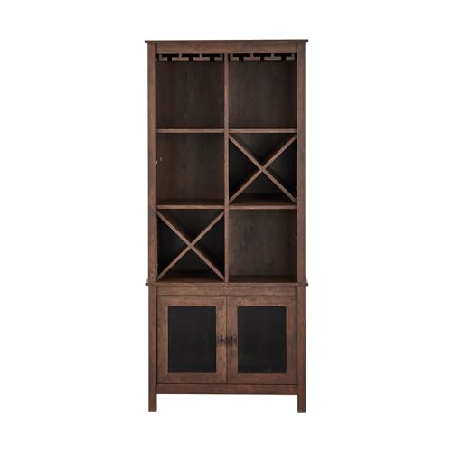 Home Source 72" Wood Exquisite Bar Wine Cabinet with Storage,Liquor Cabinet with Removable Wine Racks,Bookcase,Kitchen Pantry Storage Cabinet for Kitchen,Dining Room, Living Room,Mahogany
