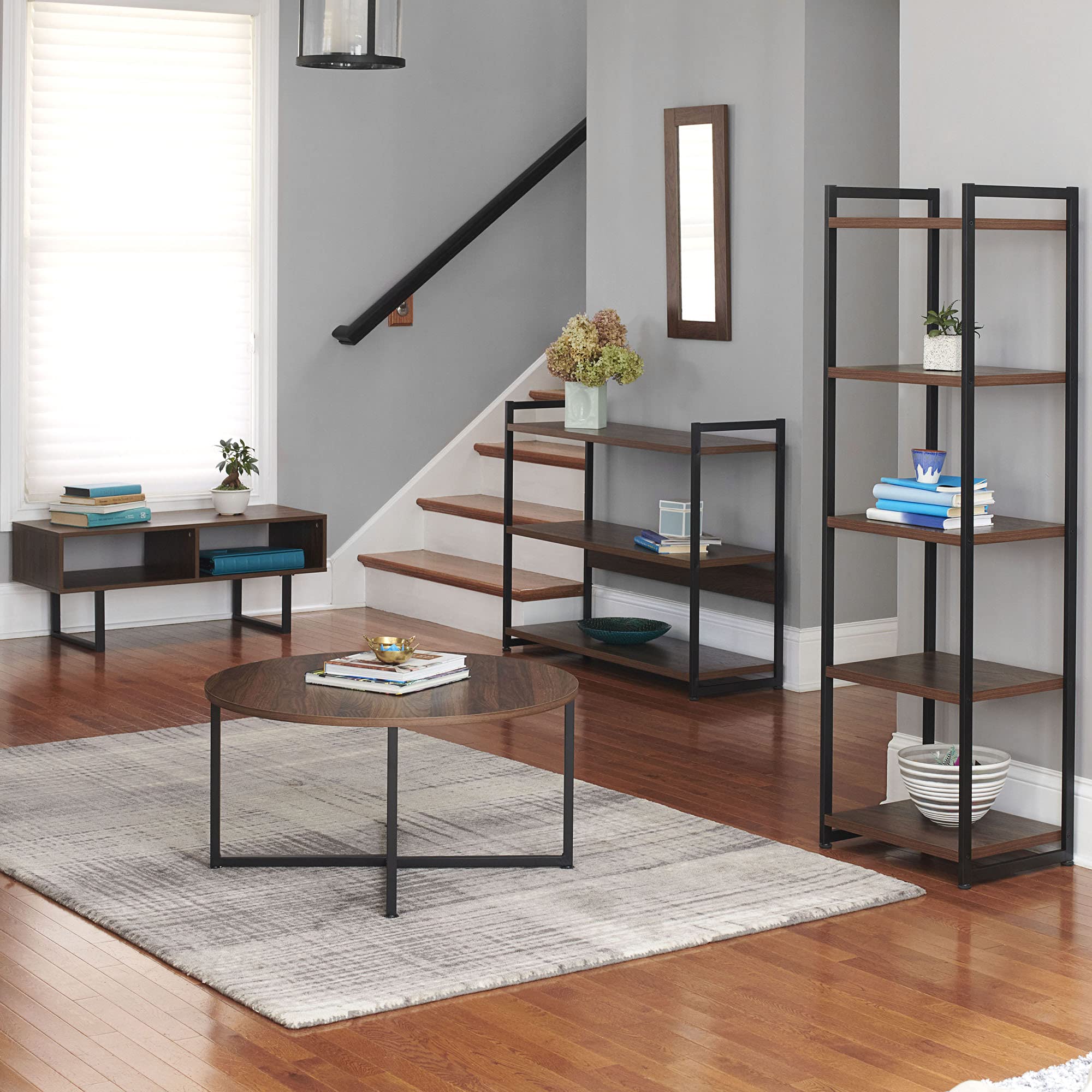 Household Essentials Mid Century Wide 3 Tier Book Shelf, Walnut Wood Finish
