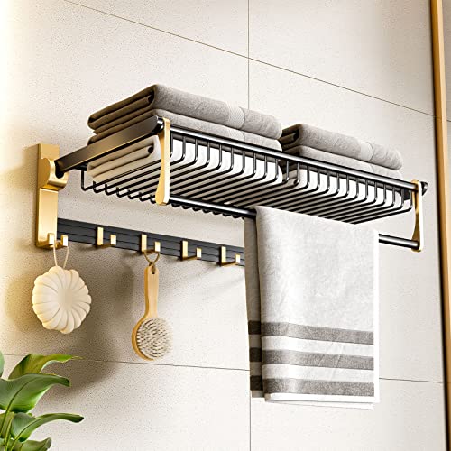 24HOCL 24 Inch Foldable Towel Rack Wall Mounted with Towel Bar/Basket, Bath Towel Shelf with Movable 7 Hooks for Bathroom Hotel Lavatory (Black+Gold)
