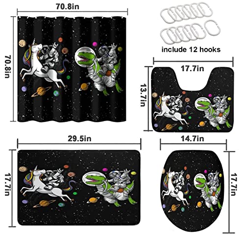 Outer Space Shower Curtain with 12 Hooks,Non-Slip Rug Toilet Lid Cover Bath Mat 4 Piece Sets Bathroom Set Space Art Astronaut Riding A Unicorn and Dinosaur and Planet Home Bathroom Decor, 72X72 Inch