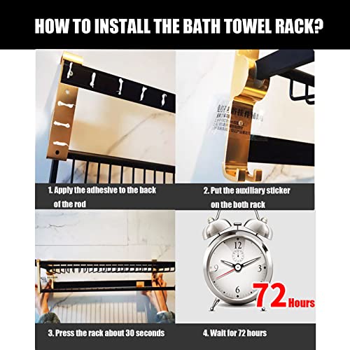 24HOCL 24 Inch Foldable Towel Rack Wall Mounted with Towel Bar/Basket, Bath Towel Shelf with Movable 7 Hooks for Bathroom Hotel Lavatory (Black+Gold)