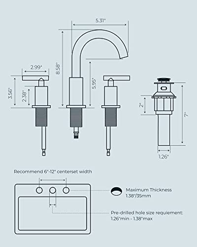 FORIOUS Matte Black Bathroom Faucet 3 Hole, 8 Inch Widespread Bathroom Faucet Black with Metal Pop-up Drain Assembly, Two Handle Vanity Faucet with cUPC Supply Lines, 8" Black Bathroom Faucet