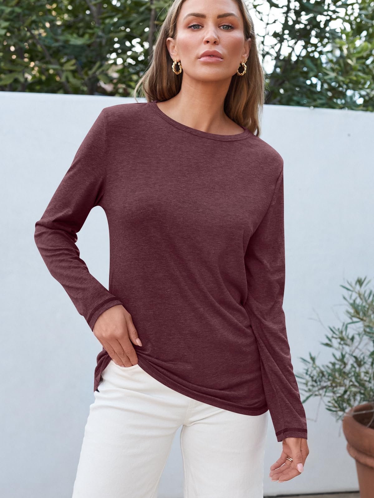 AUTOMET Wine Red Long Sleeve Shirts for Women T Shirt 2024 Casual Dressy Cotton Tshirt Basic Tops Ladies Fitted, Small
