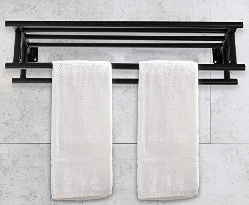 Mind Reader Alloy Collection, Wall-Mount Towel Rack with 2 Bars and Top Shelf, Drying Rack, Metal, Black