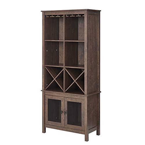 Home Source 72" Wood Exquisite Bar Wine Cabinet with Storage,Liquor Cabinet with Removable Wine Racks,Bookcase,Kitchen Pantry Storage Cabinet for Kitchen,Dining Room, Living Room,Mahogany