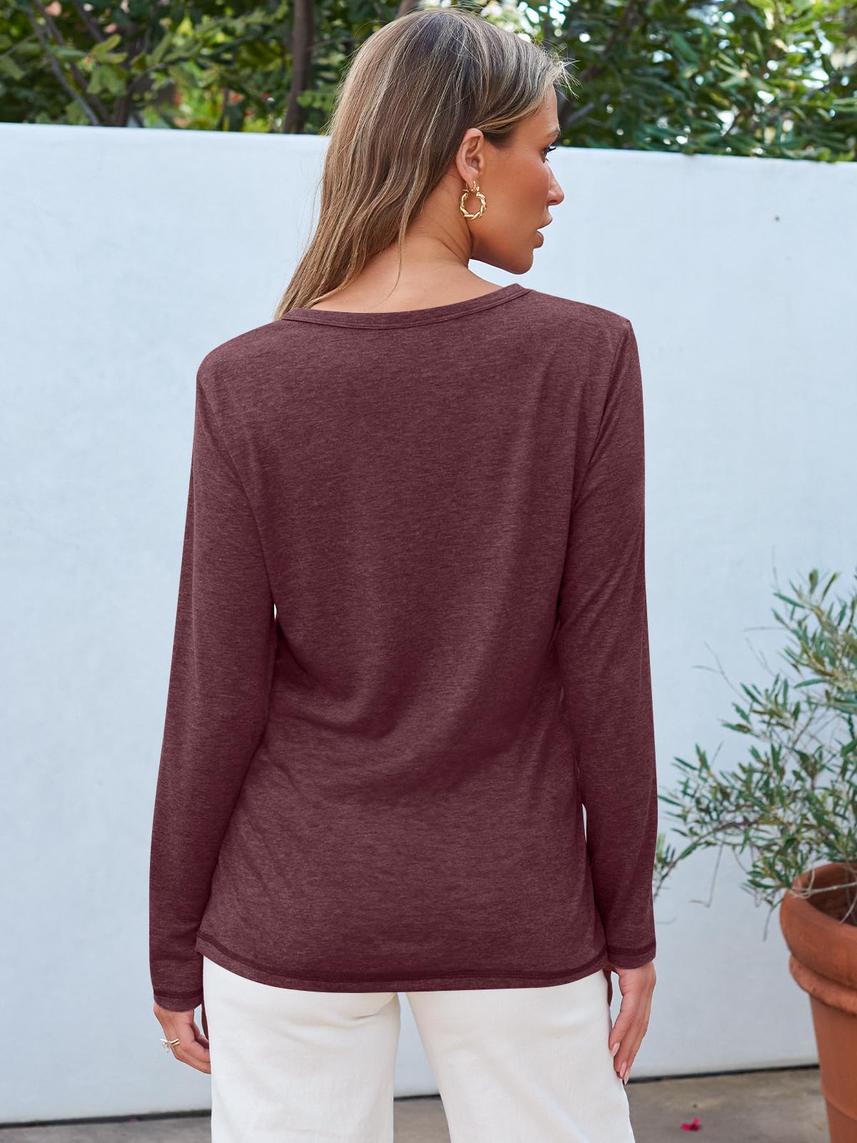 AUTOMET Wine Red Long Sleeve Shirts for Women T Shirt 2024 Casual Dressy Cotton Tshirt Basic Tops Ladies Fitted, Small