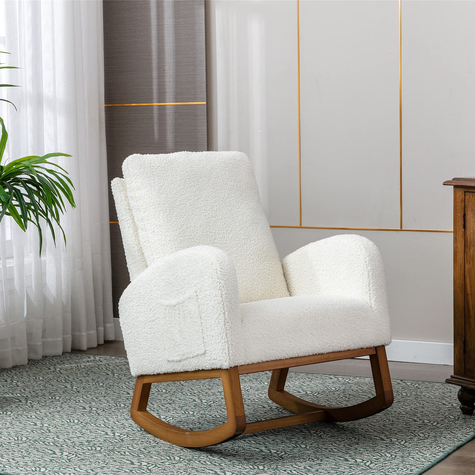 Antetek Modern Accent Rocking Chair, Upholstered Nursery Glider Rocker for Baby and Kids, Comfy Armchair with Side Pocket, Living Room Lounge Arm Chair with High Backrest (White)