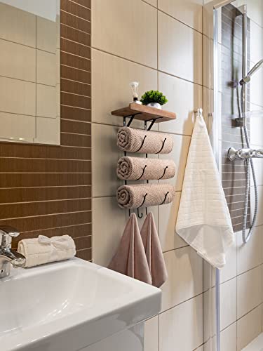 Towel Rack Wall Mounted for Bathroom, IRIIJANE Metal Bath Towel Holder Storage Hand Towels w/Wood Shelf and 3 Hooks for Small Bathroom Organizer Decor or RV Camper, Black