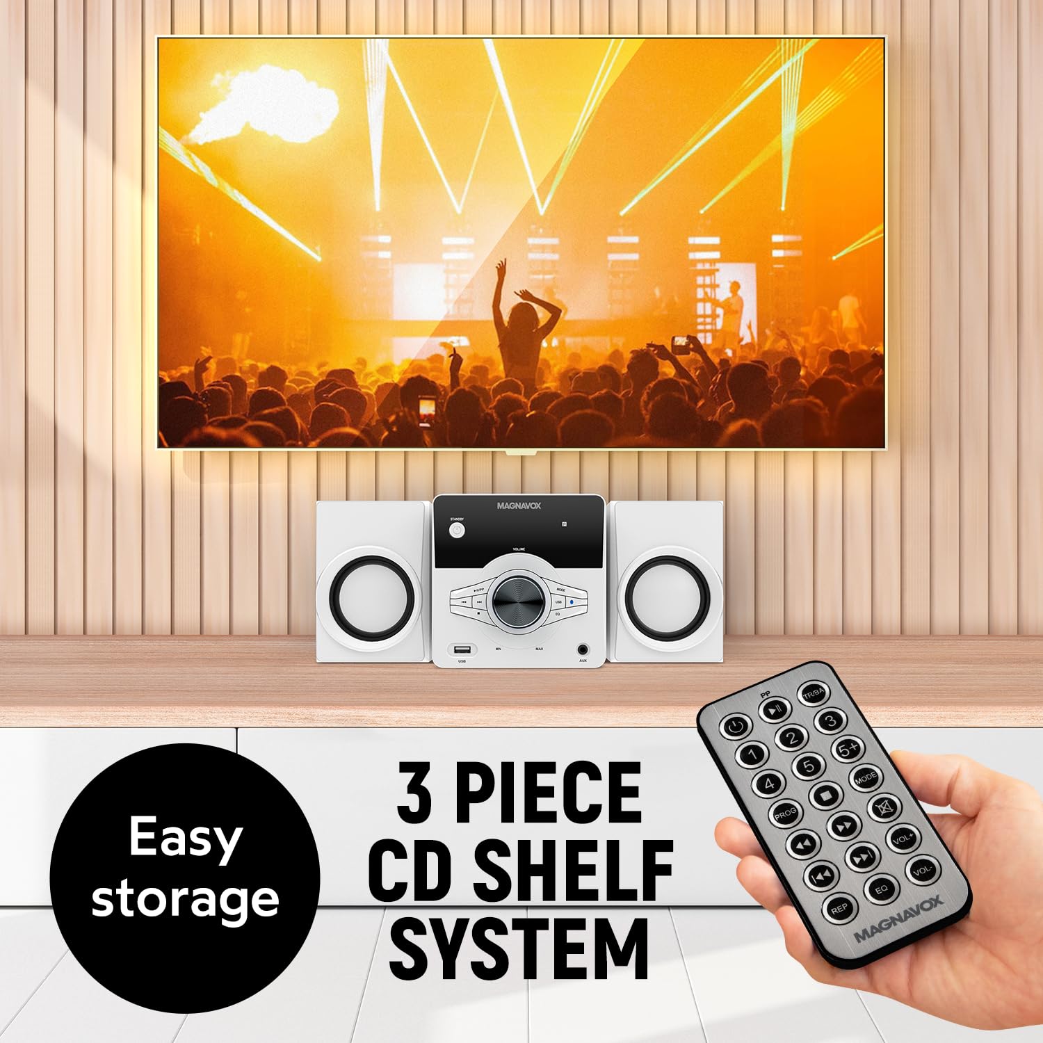 Magnavox MM442 3-Piece Top Loading CD Shelf System with Digital PLL FM Stereo Radio, Bluetooth Wireless Technology, and Remote Control in Black | Blue Lights | LED Display (White)