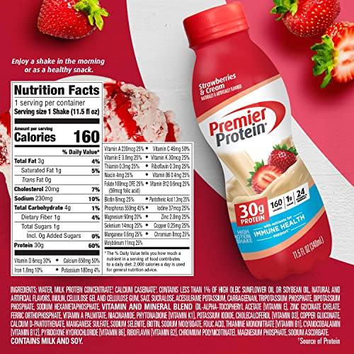Premier Protein Shake, Strawberries & Cream, 30g Protein, 1g Sugar, 24 Vitamins & Minerals, Nutrients to Support Immune Health,11.5 fl oz