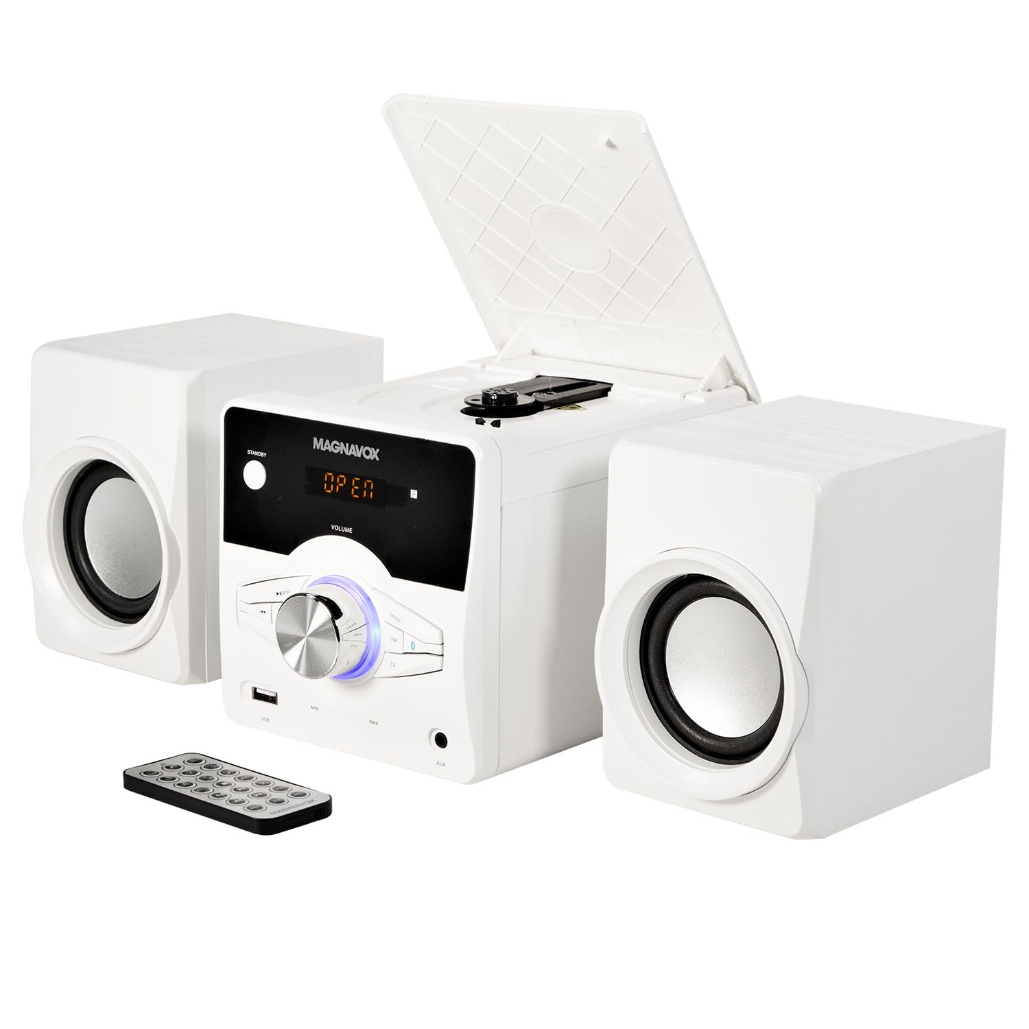 Magnavox MM442 3-Piece Top Loading CD Shelf System with Digital PLL FM Stereo Radio, Bluetooth Wireless Technology, and Remote Control in Black | Blue Lights | LED Display (White)