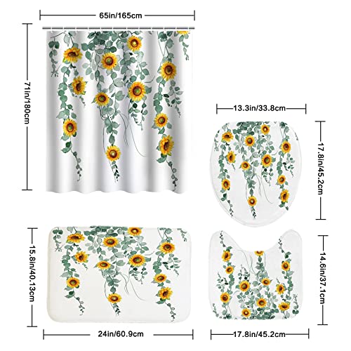 Mightree Shower Curtain Set of 4, Waterproof Fabric Bathroom Curtain with 12 Hooks, Toilet Lid Cover and Bath Mat, Non-Slip Rug Foot Mat, Sunflowers, Medium