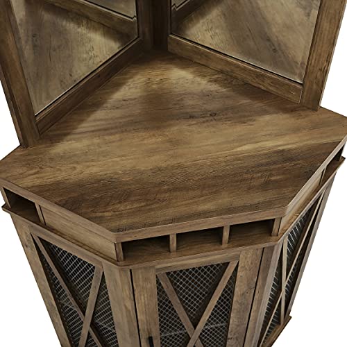 Home Source 73" Tall Corner Bar Unit Reclaimed Barnwood Wine Cabinet with Storage, Lower Mesh Doors, Upper Liquor Shelf galss holder, for Home Bar, Living Room, Kitchen, Mini Space, Reclaimed Barnwood
