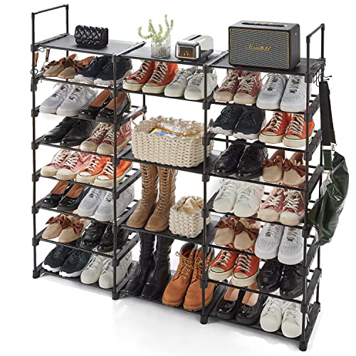 EXQ Home Black Metal Shoe Rack for Closet,8 Tiers Free Standing Shoe Racks for Entryway with Side Hooks,50 Pairs Shoe Rack and Boots Shelf, Tall Shoe Organizer for College Dorm, Door and Garage