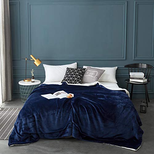LBRO2M Sherpa Fleece Bed Blanket King Size Super Soft Fuzzy Plush Warm Cozy Fluffy Microfiber Couch Throw Velvet Double Reversible Luxurious Blankets,Navy Blue